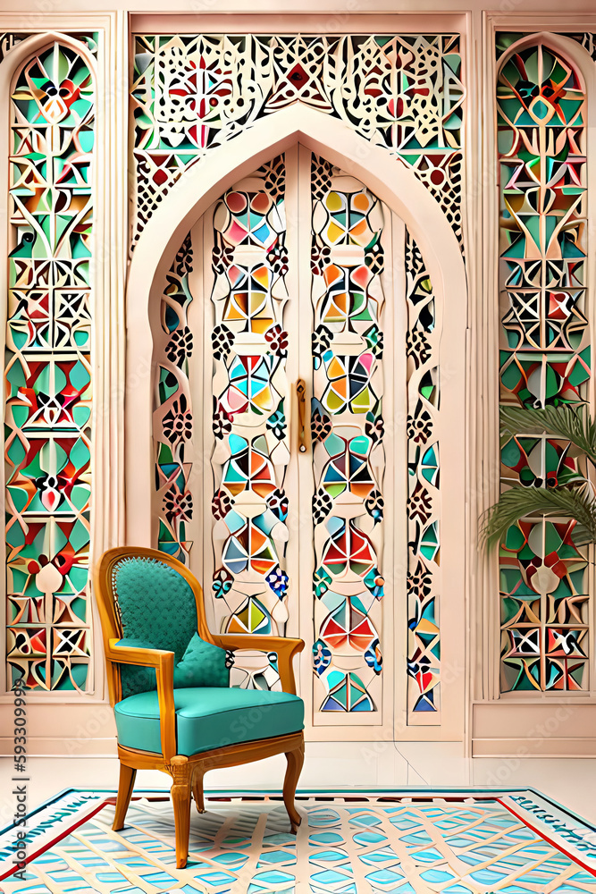 Arabic, Islamic style interior. Rattan chair, table and arabic pattern ...