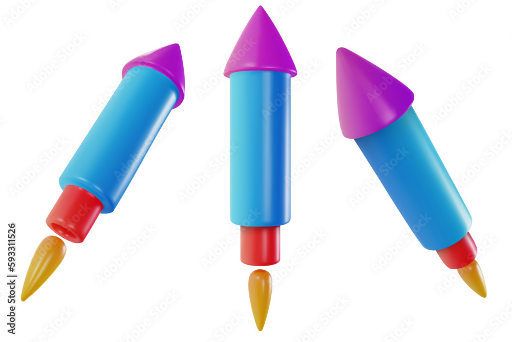 Set fireworks rocket in 3d realistic cartoon. Modern bright minimal ...