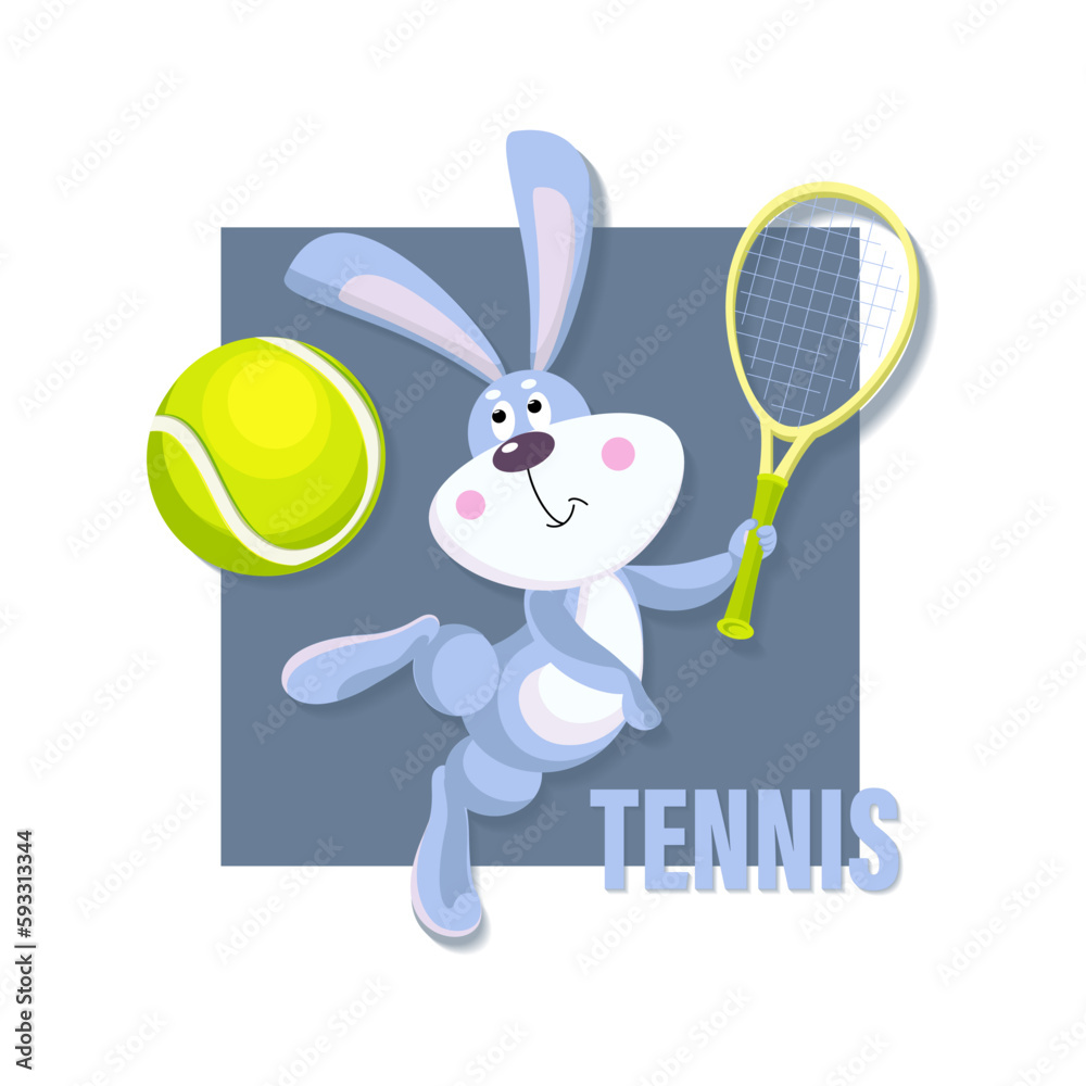 Tennis player isolated. Vector rabbit with racket, tennis ball playing ...