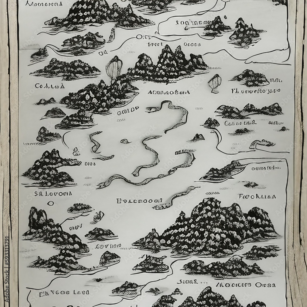 ภาพประกอบสต็อก Black And White Fantasy Map With Islands, Creatures, And ...