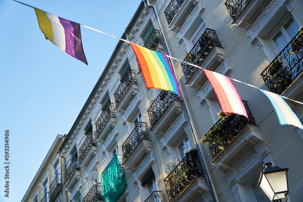 lgbt different flags hanging over the street of the city center. The ...