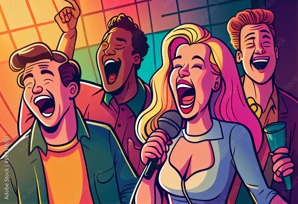 Cartoon illustration, a group of people sings in karaoke. Comic style ...