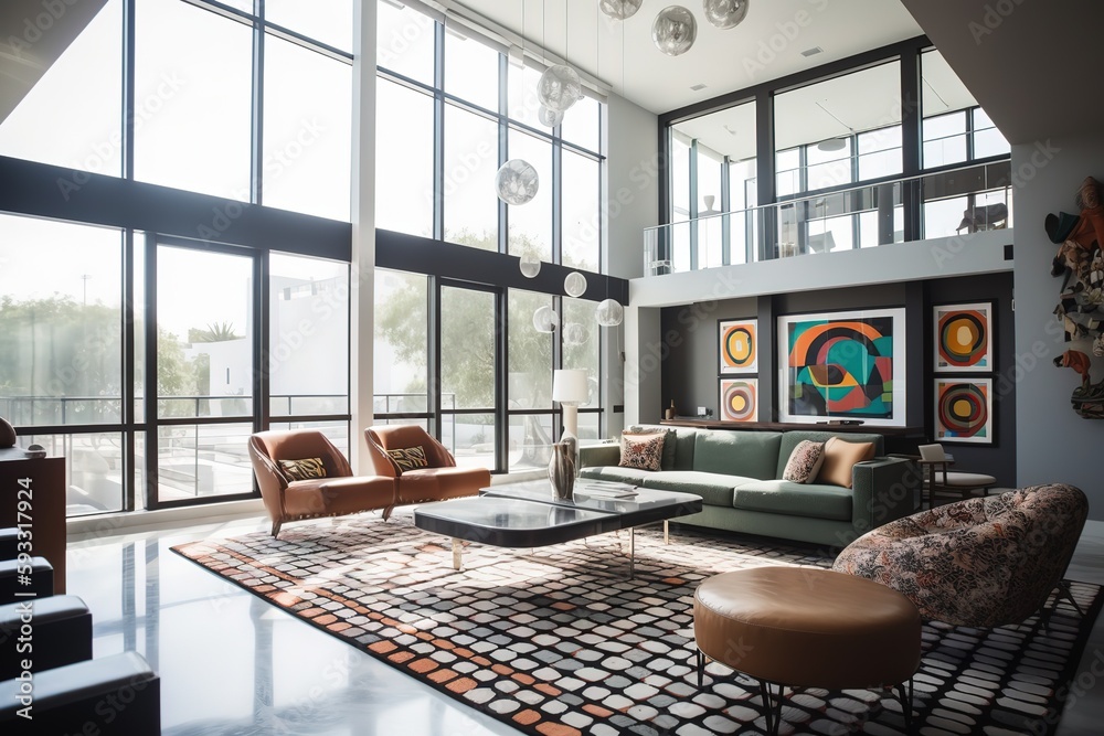 expansive living room with high ceilings, floor - to - ceiling windows ...