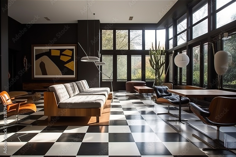 expansive living room with high ceilings, floor - to - ceiling windows ...