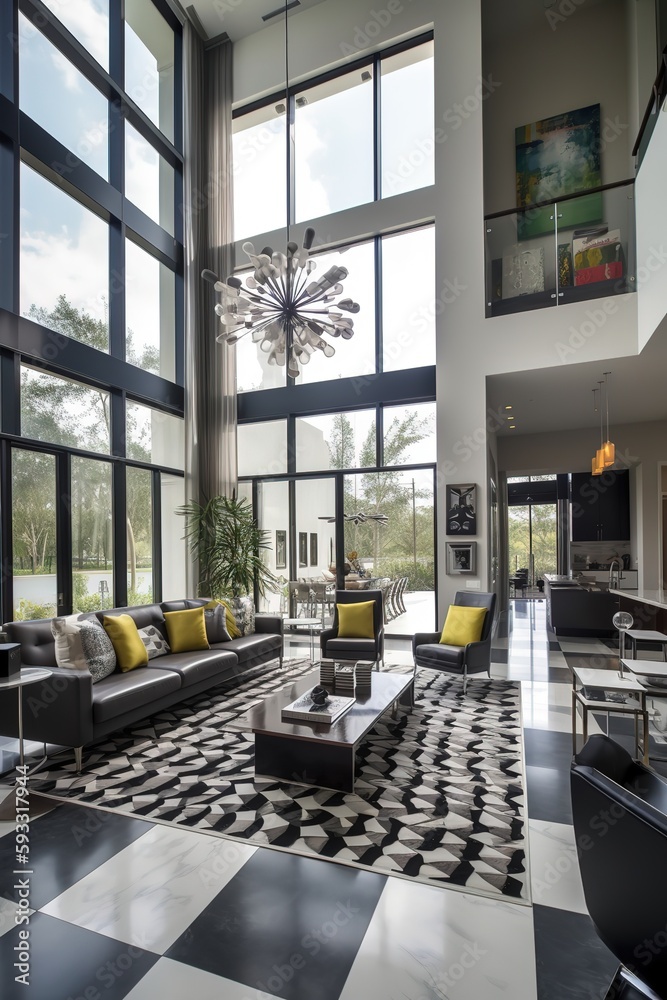 expansive living room with high ceilings, floor - to - ceiling windows ...
