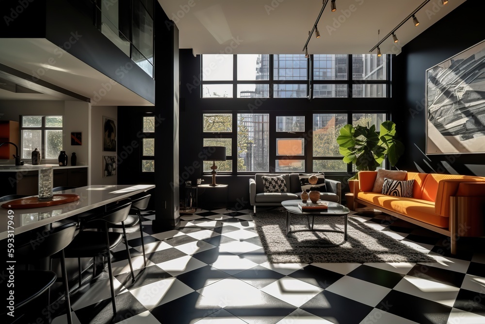 expansive living room with high ceilings, floor - to - ceiling windows ...