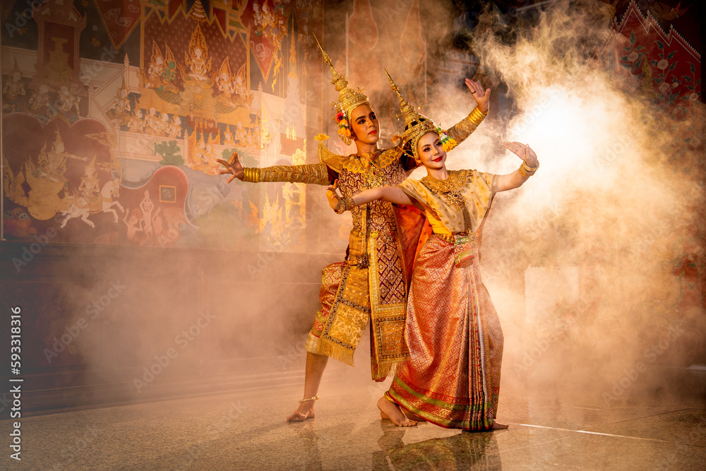 Pantomime (Khon) or traditional Thai classic masked play enacting ...