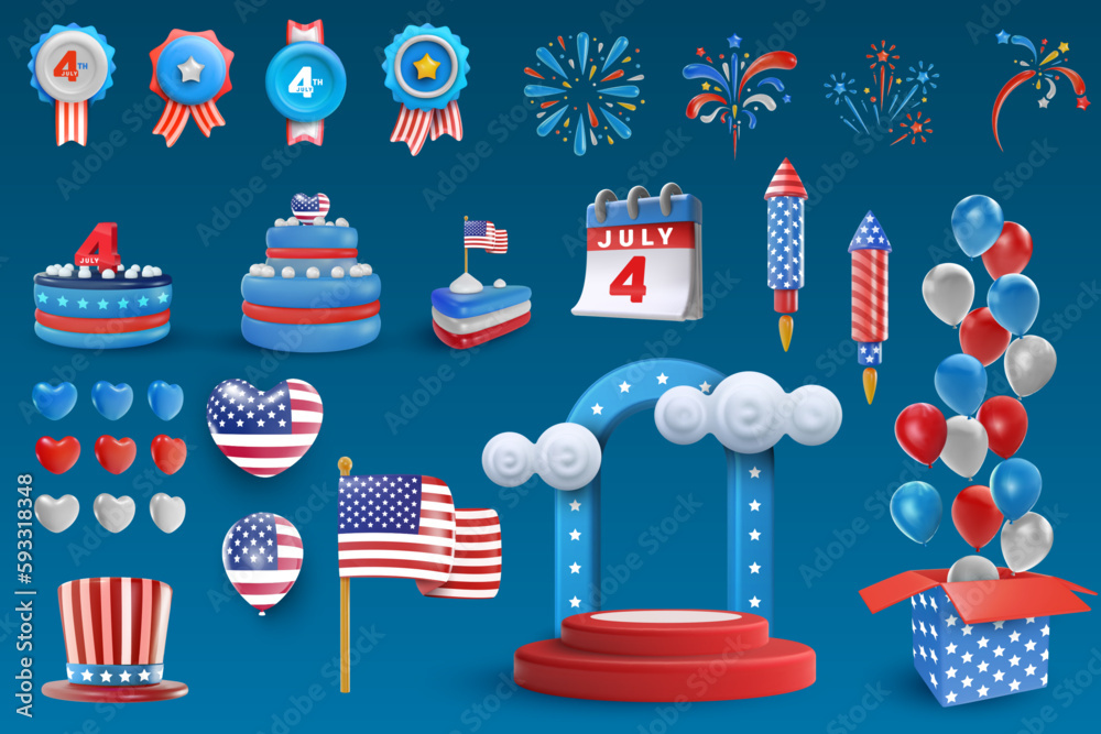 Set festive art object for usa independence day. Flag, badge, firework ...