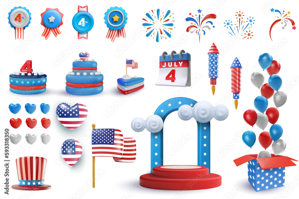 Set festive art object for usa independence day. Flag, badge, firework ...