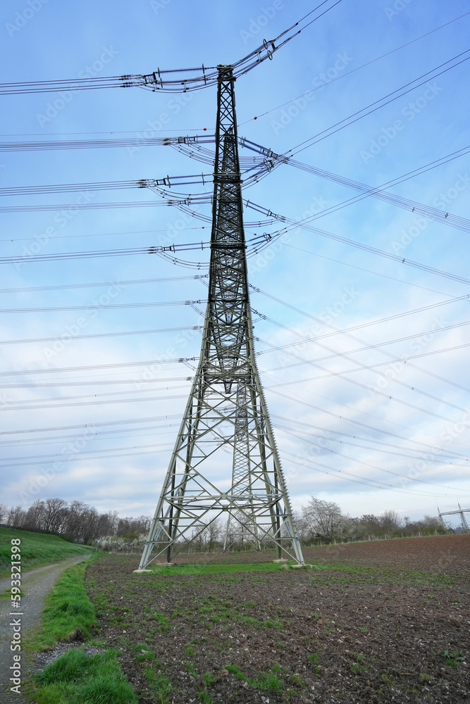 Power lines and substation, extra high voltage lines behind the ...