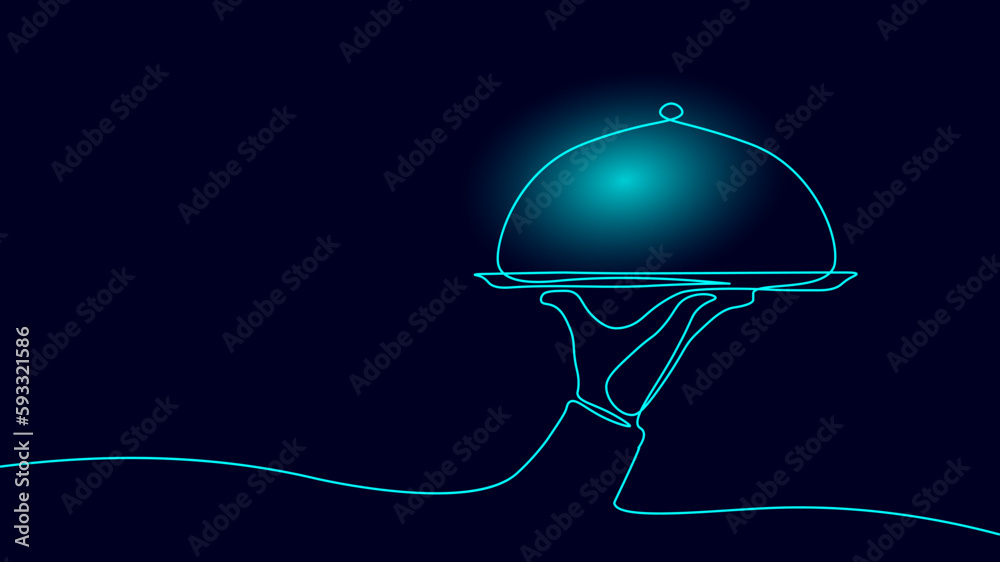 One line continuous waiter with tray closed lid restaurant concept. Hot ...