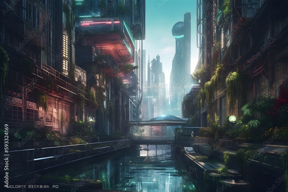 cyberpunk cityscape with futuristic floating gardens, where neon-lit ...