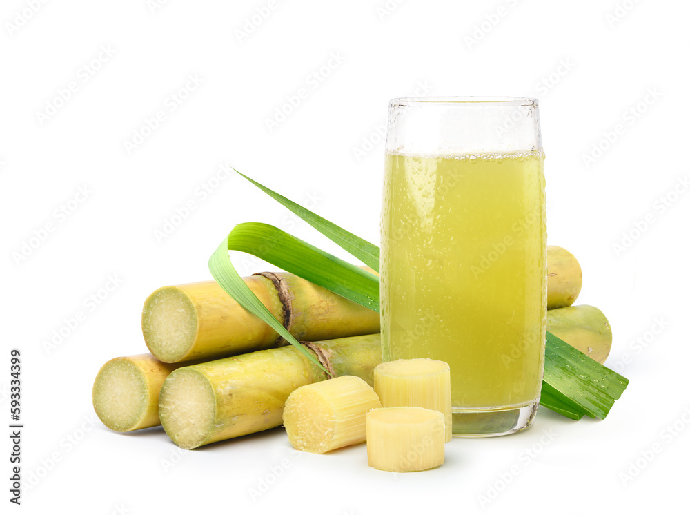 Fresh squeezed sugar cane juice with fresh cane sliced isolated on ...