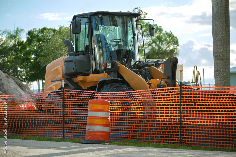 Restriction plastic mesh fence at industrial construction site ...