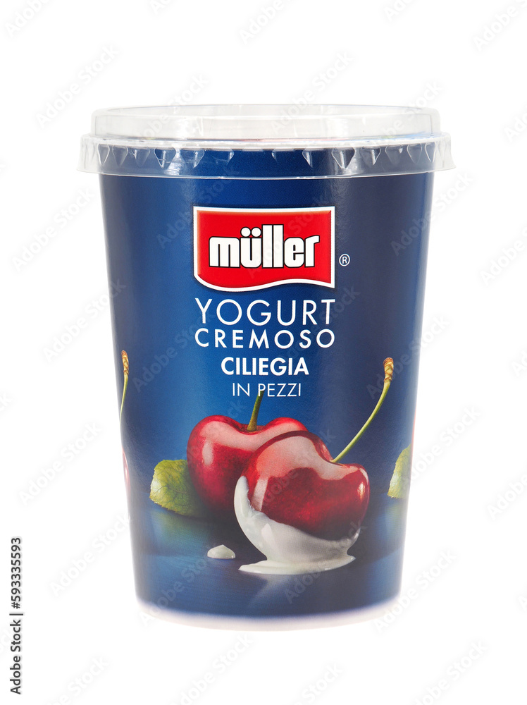 ROME, ITALY - APRIL 16, 2023. Muller cherry yogurt isolated on white ...