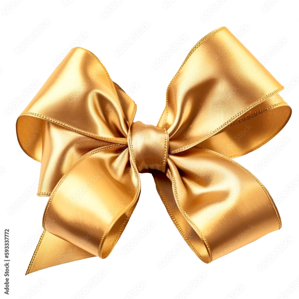 Shiny golden bow made of silk ribbon, close up decorative element ...