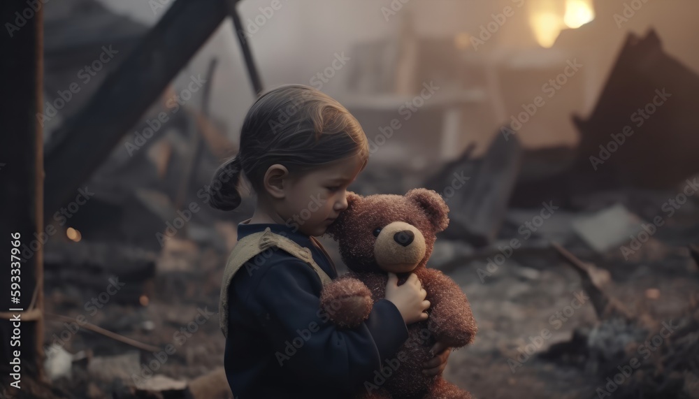 adorable girl holding a teddy bear in the middle of buildings wreckage ...
