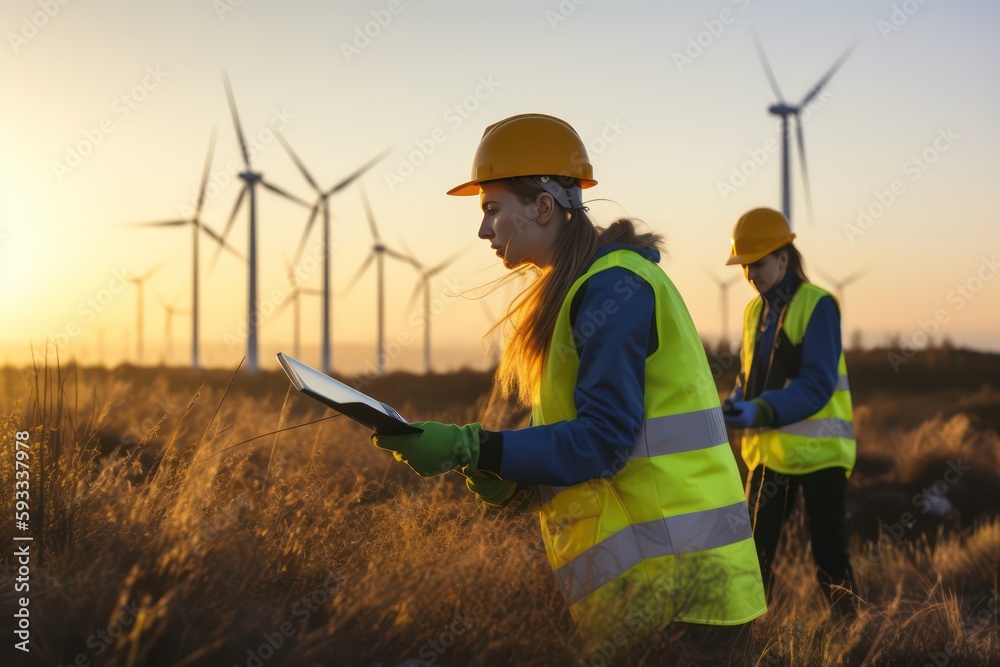 Two environmental workers in a wind power generation field, collaborating on sustainable energy ...