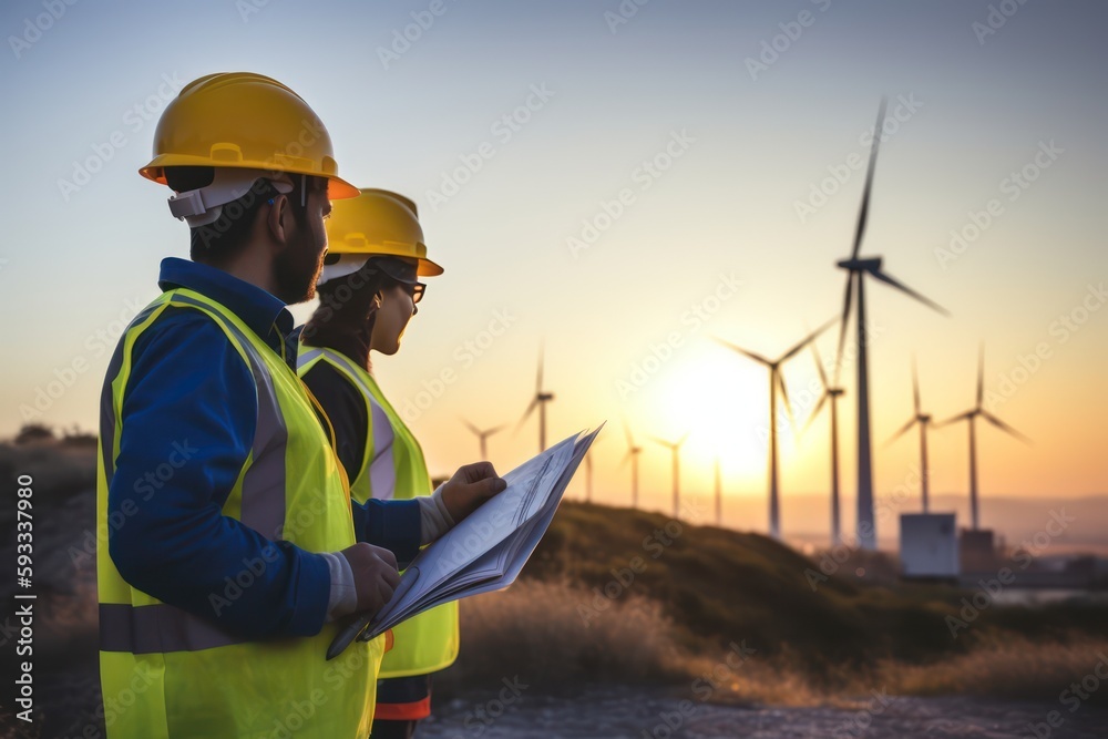 Two environmental workers in a wind power generation field ...