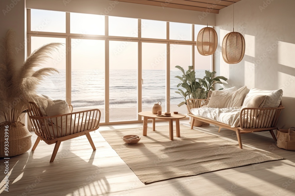 Sunny interior living room with large windows in Boho style ...