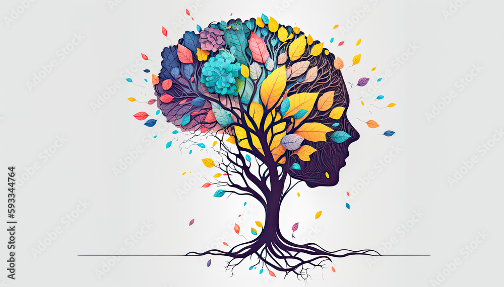 Human face tree with flowers, self care and mental health concept ...