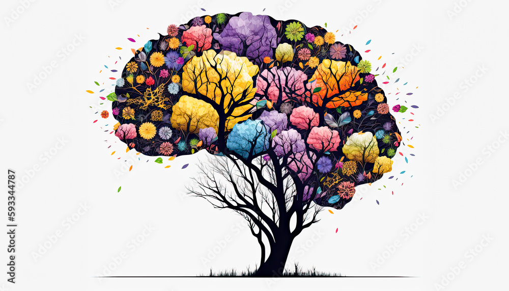 Human brain tree with flowers, self care and mental health, abstract ...