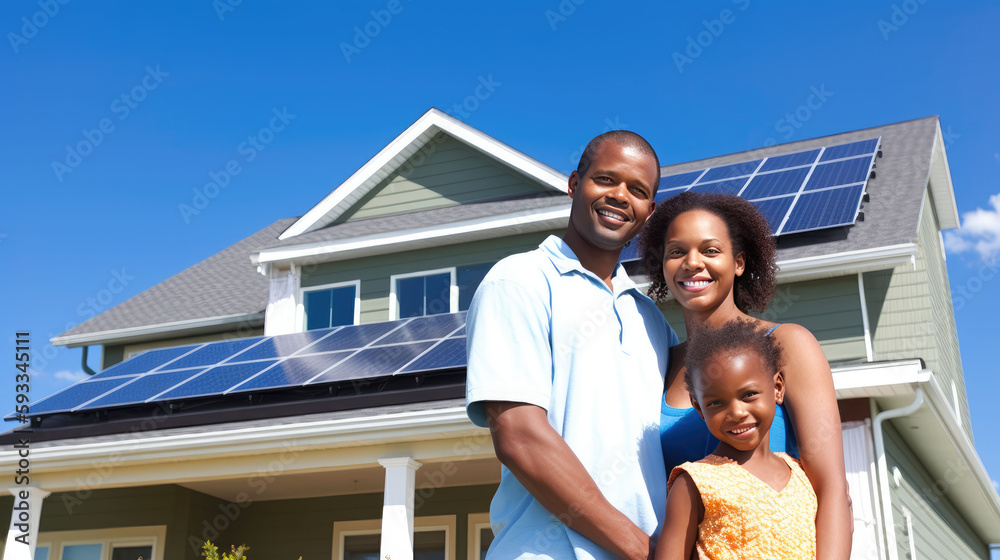 Happy family in front of a house with installed solar panels Stock ...
