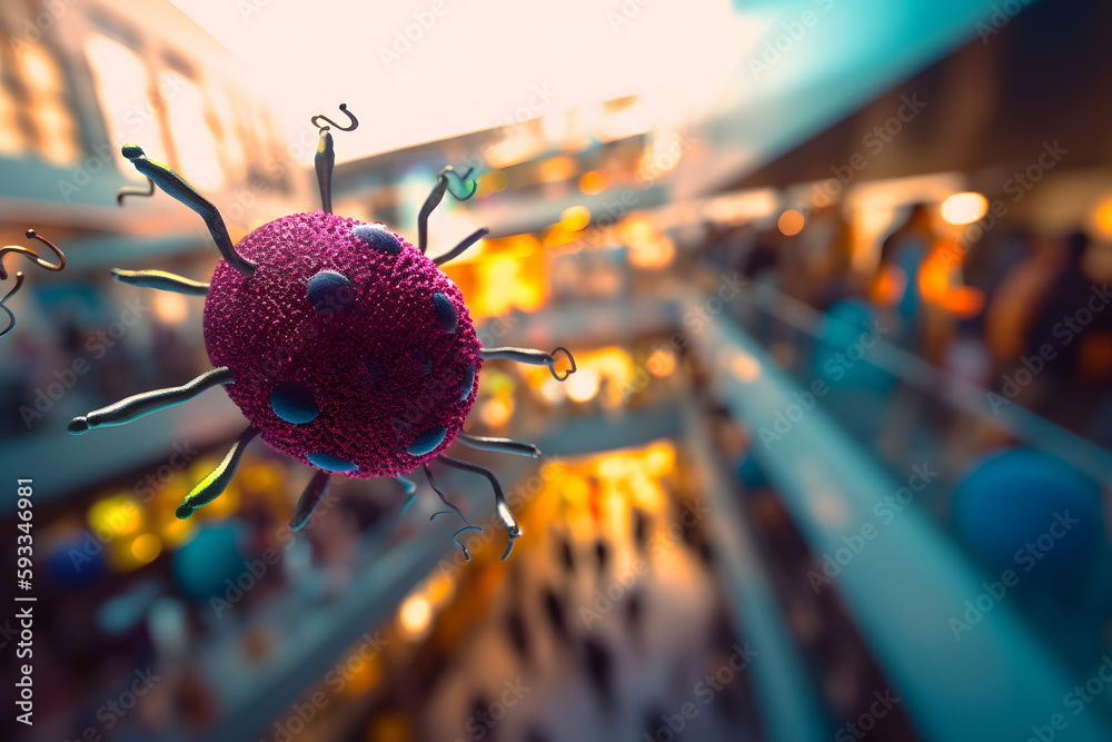 Virus particles hover, fly, spread in the air among crowds of people in ...