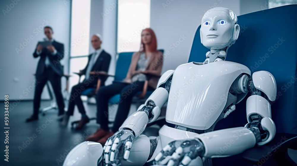 Poster A man and an artificial intelligence robot sit and wait for a ...