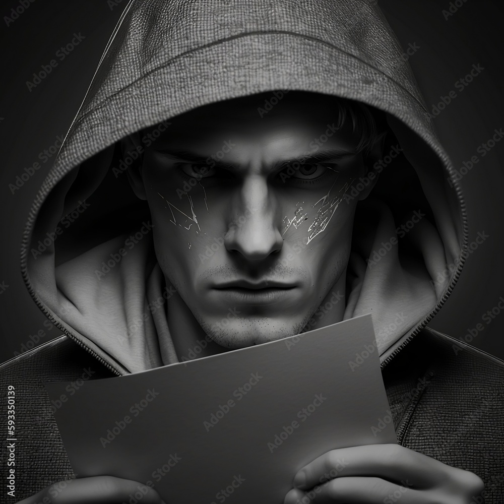 hooded man, half face, dark horror, holding paper, grey background ...