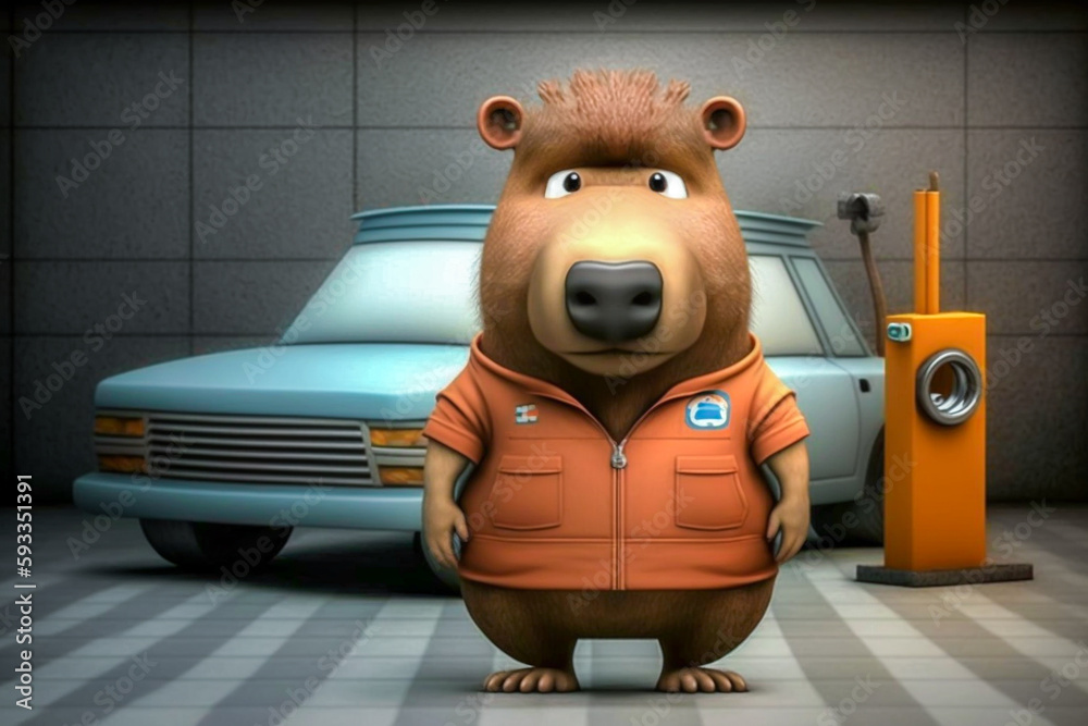 Cartoon Capybara wearing overalls curiously looking at viewer in the ...