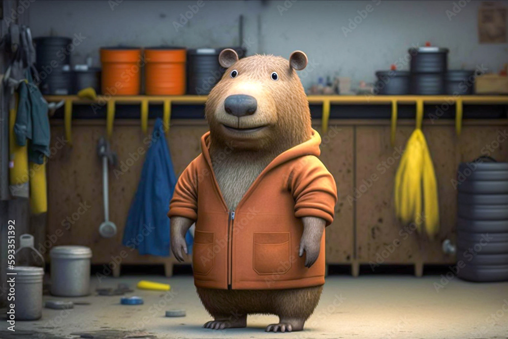 Cartoon Capybara wearing overalls curiously looking at viewer in the ...