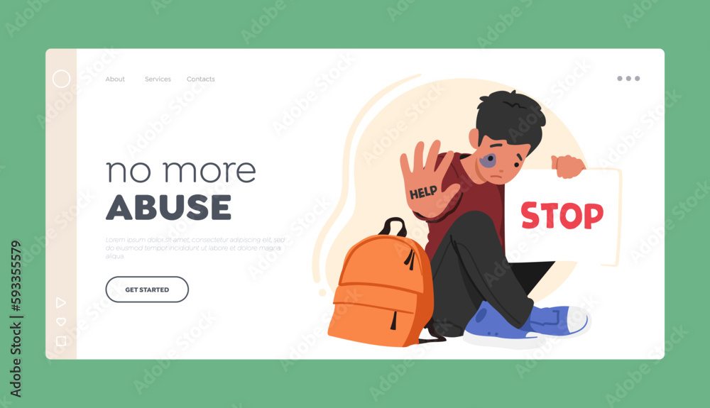 No more Abuse Landing Page Template. Young Boy Character with Signs of ...