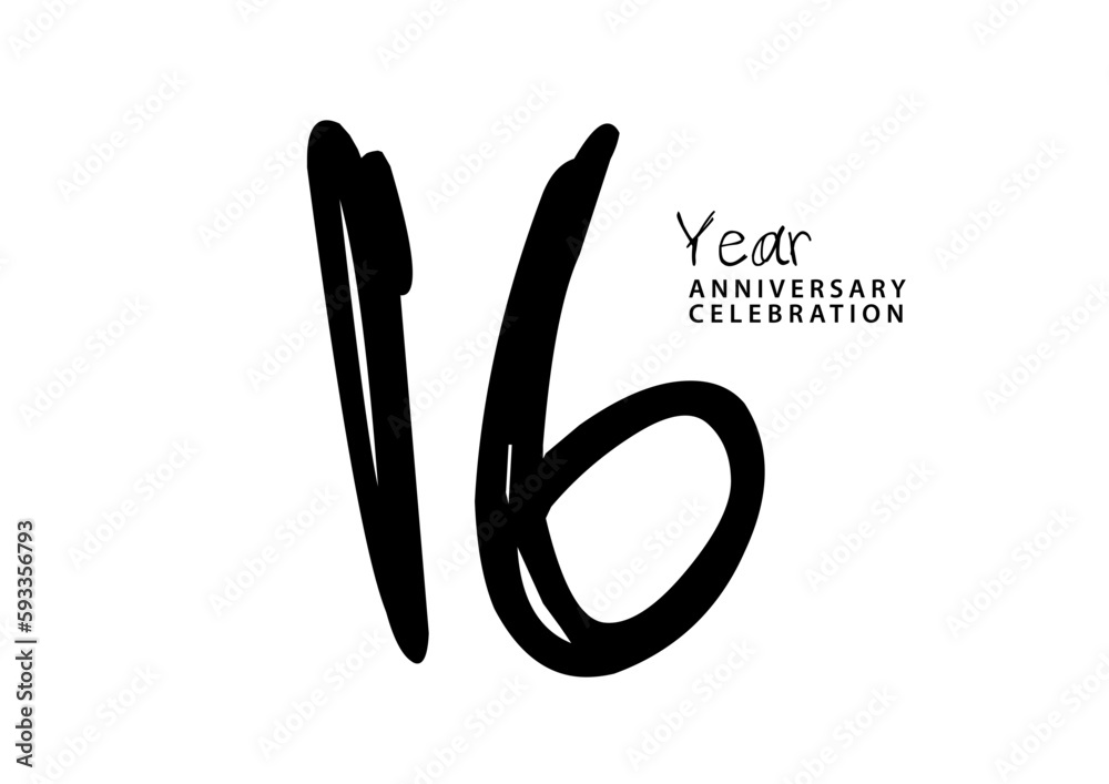 16 year anniversary celebration black color logotype vector, 16 number ...