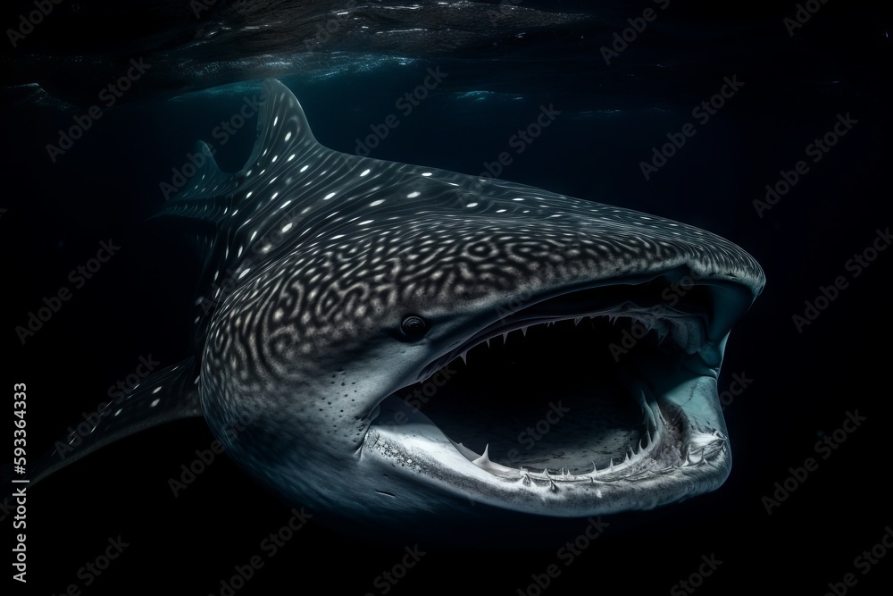 An enormous whale shark swims by gracefully, its mouth agape as it ...