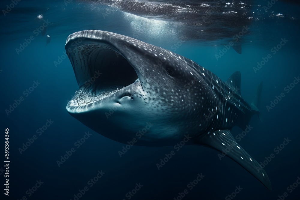 An enormous whale shark swims by gracefully, its mouth agape as it ...