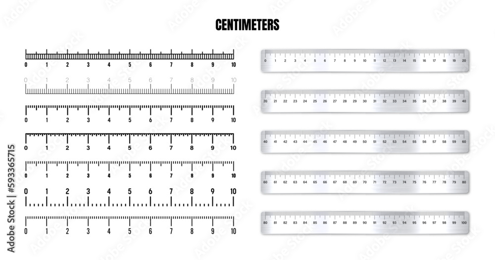 Realistic metal rulers with black centimeter scale for measuring length ...