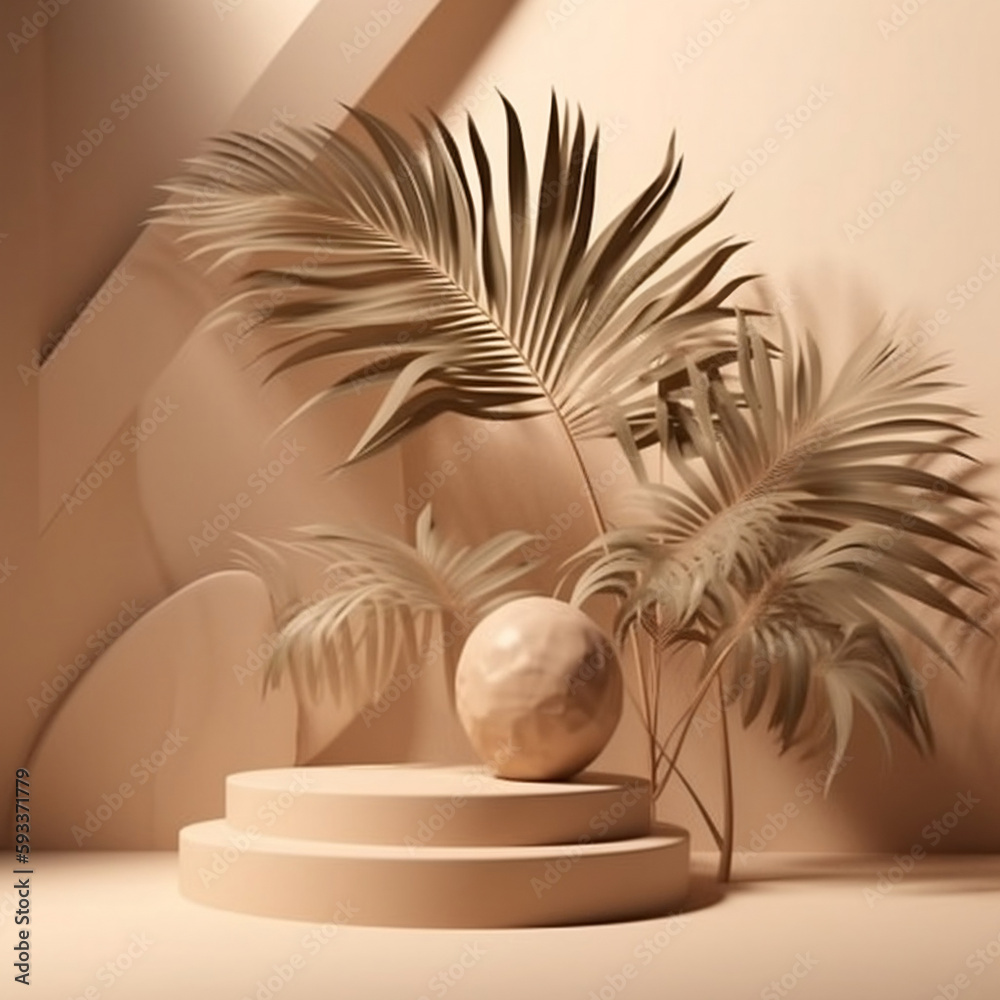 A tropical beauty product display on a natural beige backdrop with a ...