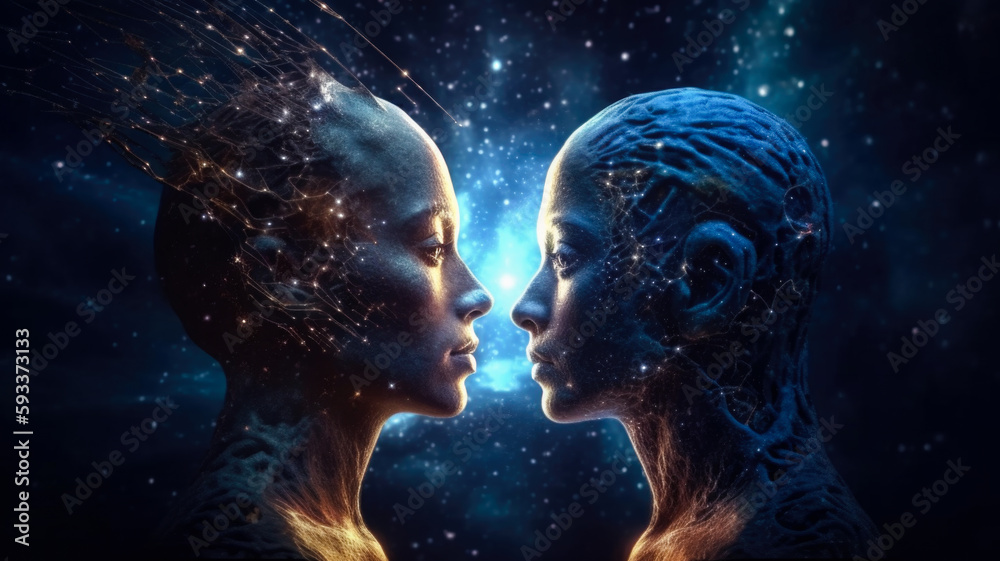Two souls talking in the astral realm of the multiverse. outer space ...