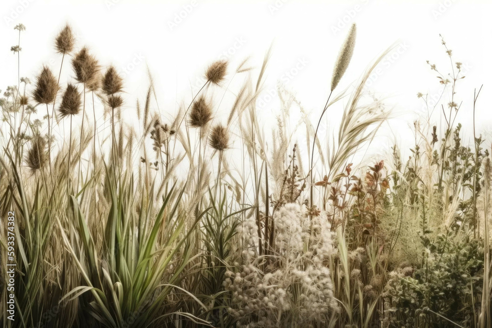 A field of wild grasses with its various shapes and textures, isolated ...