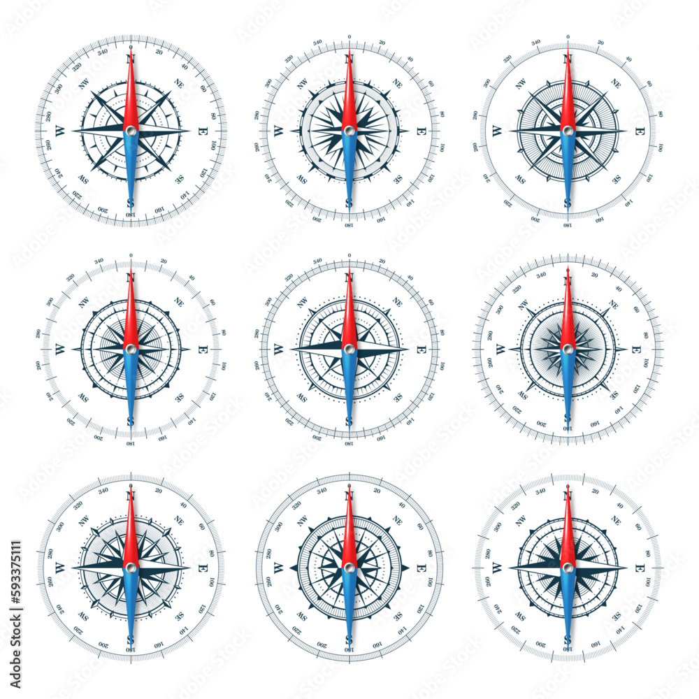 Marine compass, nautical wind rose with cardinal directions of North ...