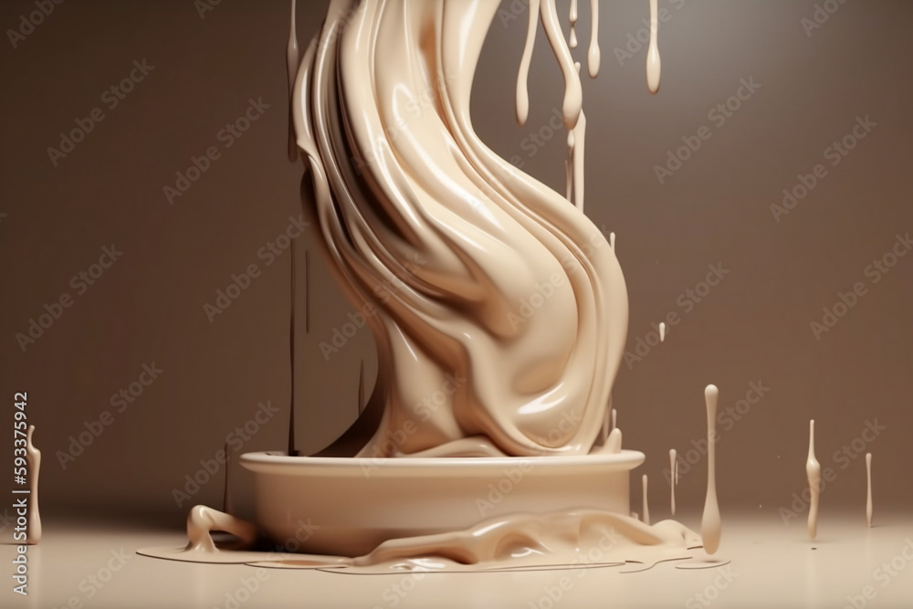 Liquid foundation swirls around a beige pedestal on a studio background ...