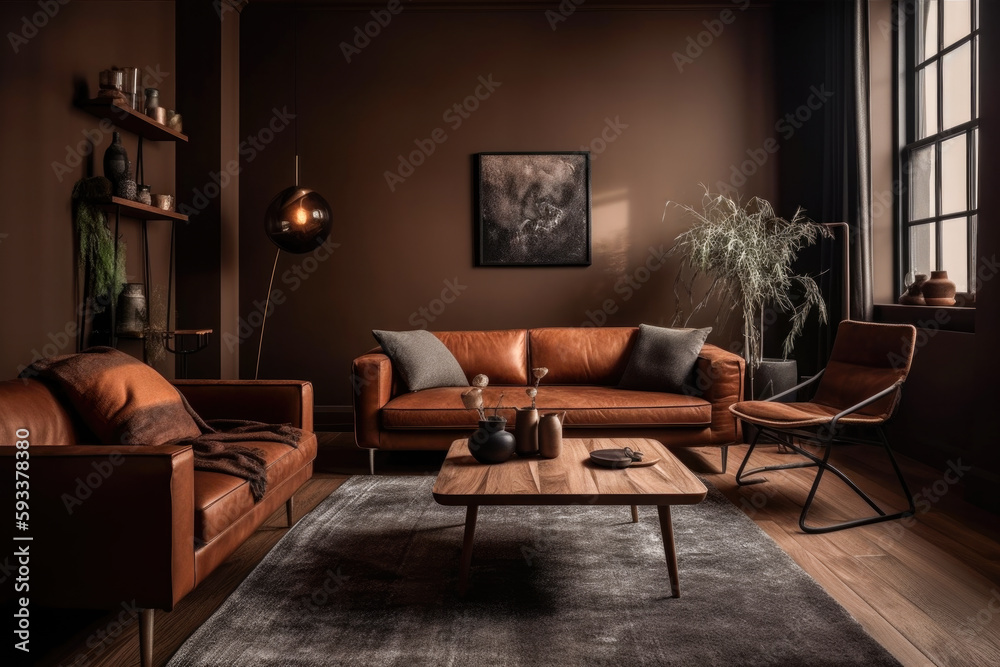 The interior of the living room has dark brown walls with wood elements ...