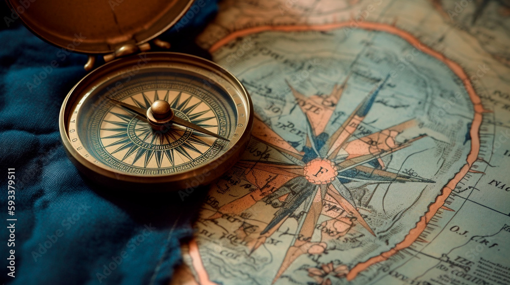 Old Antique Compass on a Paper Map Blue Gold background wallpaper ...