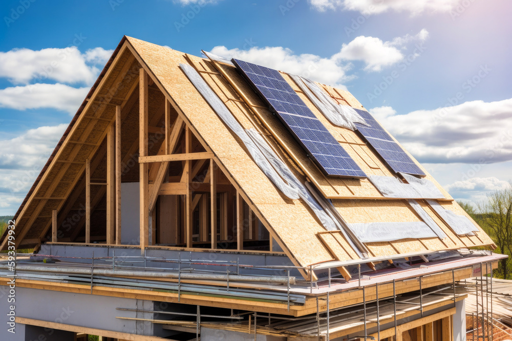 Modern house construction, solar power plant built in the roof. Eco ...