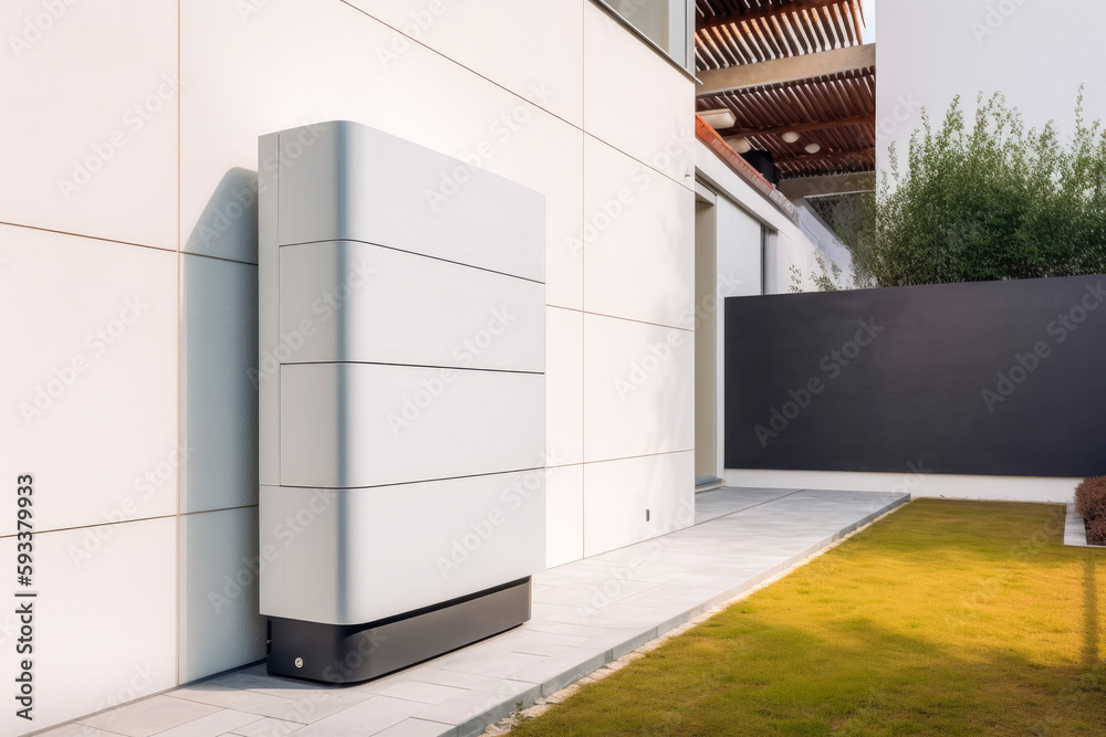 Tesla home battery with modern house in the background. Contemporary ...