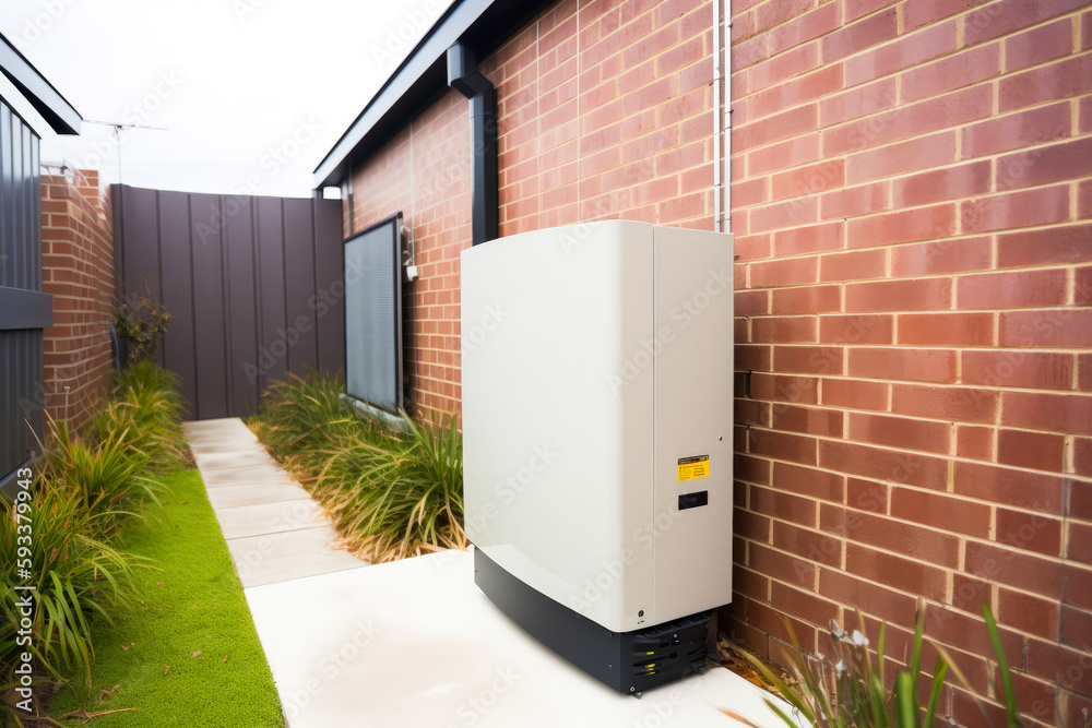 Tesla home battery with modern house in the background. Contemporary ...