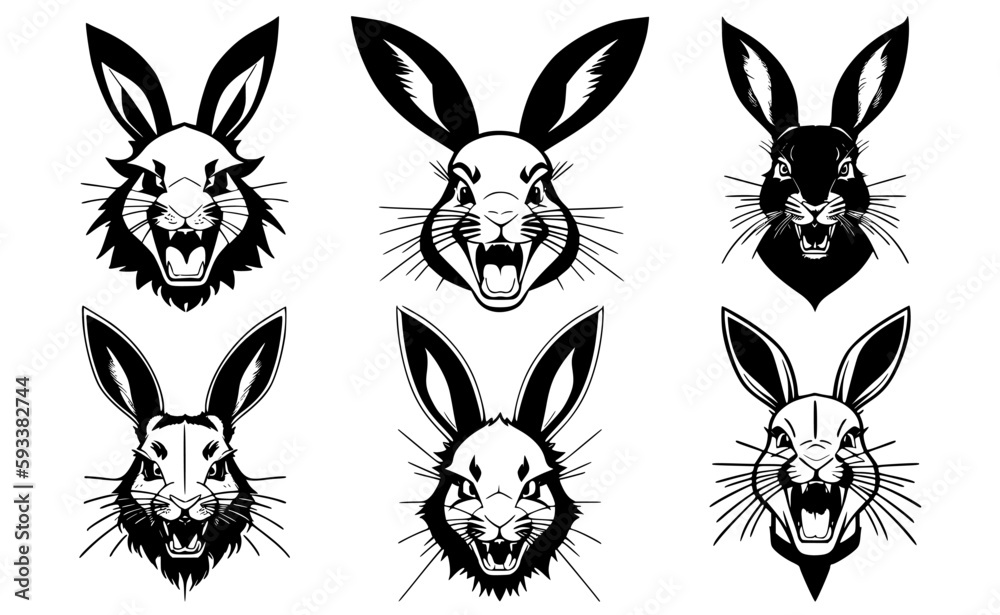Set of rabbit heads with open mouth and bared fangs, with different ...