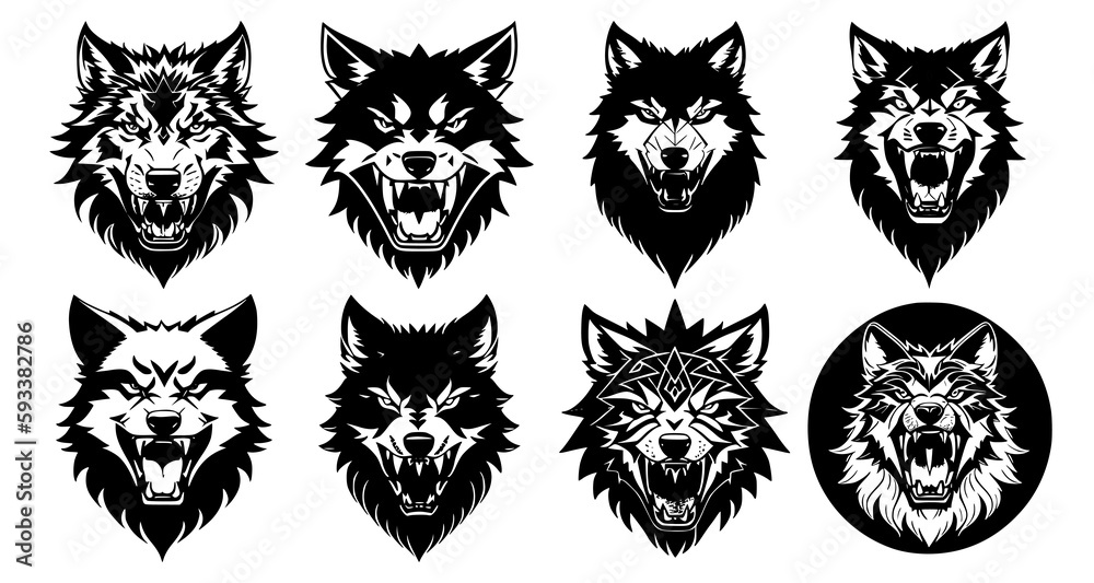 Set of wolf heads with open mouth and bared fangs, with different angry ...