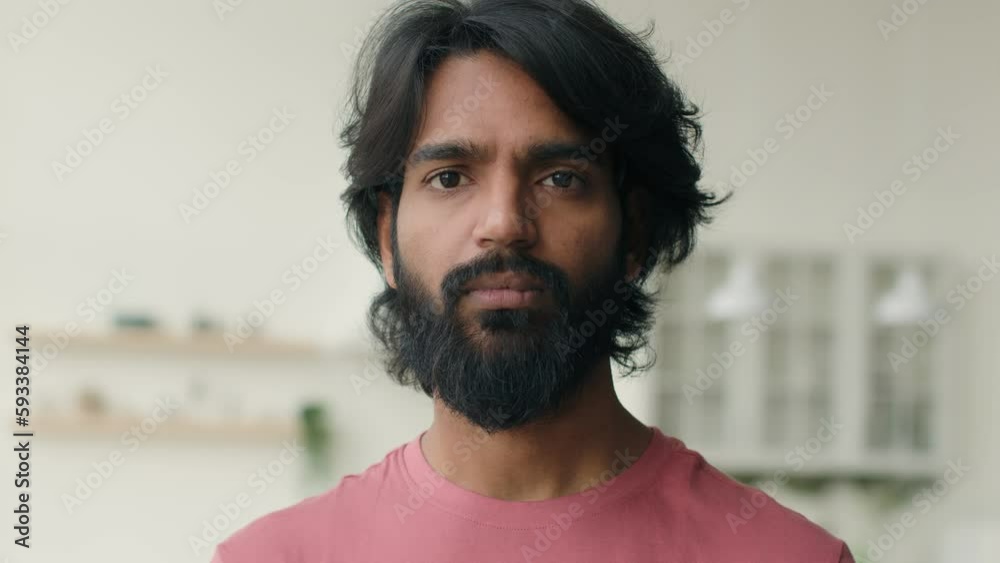 Close up head shot Arabian muslim guy stand in kitchen room. Portrait ...